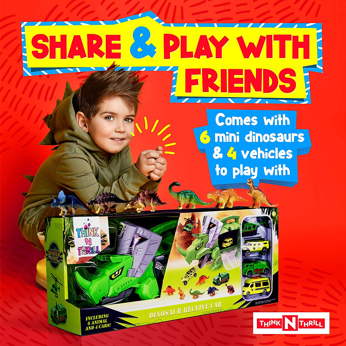 Think N Thrill Dinosaur Toys Storage Carrier for Kids Includes 6 Mini Dinosaurs 3 Toy Cars & Helicopter - #1 Best Fun Playset for Boys & Girls - Great for Children Ages 3+ Years Old (Dinosaur)