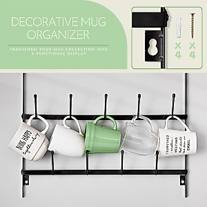 Sorbus Mug Rack Cup Holder - Wall Mounted Home Storage Mug Hooks with 6-Tier Display Organizer for Coffee Mugs, Tea Cups, Mason Jars, and More – Holds 27 Mugs – Black Metal (Large)