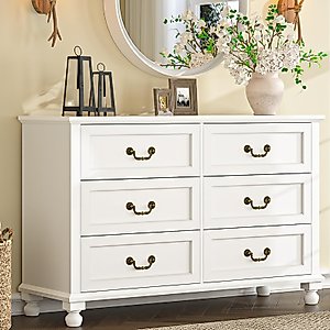 TVU White 6 Drawer Dresser for Bedroom, Vinatge Wood Chest of Drawers with Wide Storage Cabinet (White)