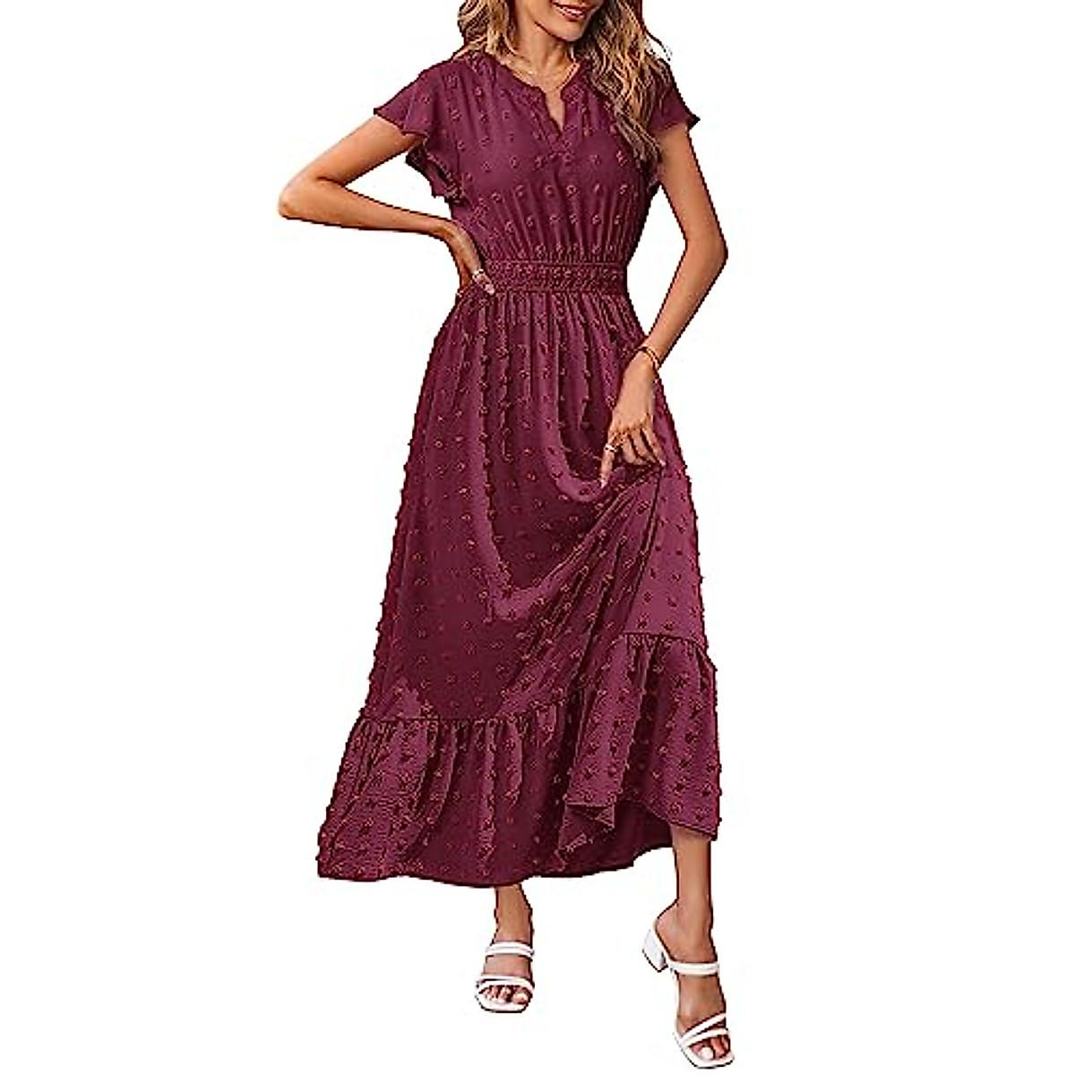 MEROKEETY Summer Short Sleeve Vneck Wedding Dress Swiss Dot Flowy A Line Tiered Maxi Dresses Burgundy Medium