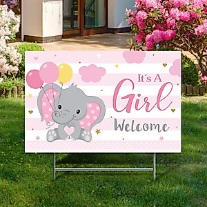 Baby Shower Yard Sign with Stake Gender Reveal Yard Sign Blue Pink Elephant Lawn Sign Baby Bear Lawn Sign Welcome Baby Announcement Sign for Boy Girl Outdoor Baby Shower Party Decorations(It's Girl)