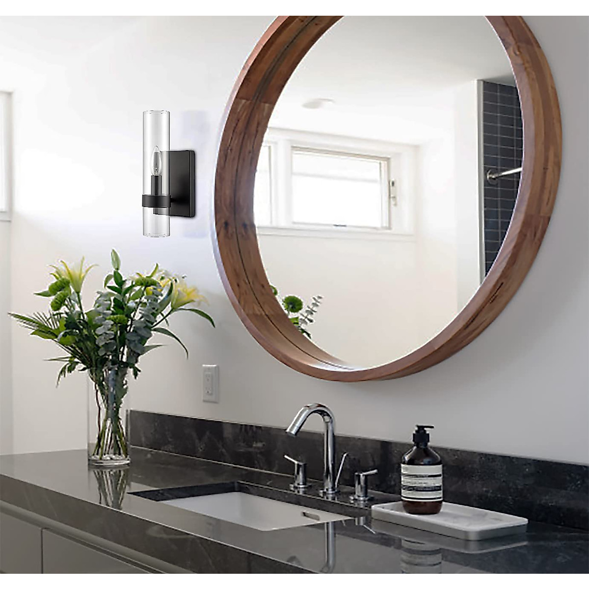 JEENKAE Modern Farmhouse Glass Cylinder Wall Sconce 1-Light Black Bathroom Vanity Lights Fixture