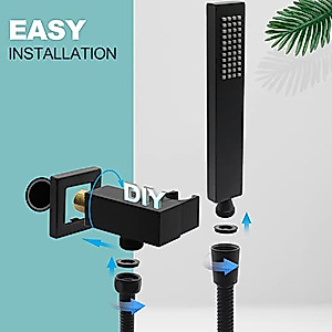ENGA Bathroom Square Matte Black Solid Brass Hand Held Shower Head With Wall Connector and Hose System Wall Mount Handheld Showerheads Set