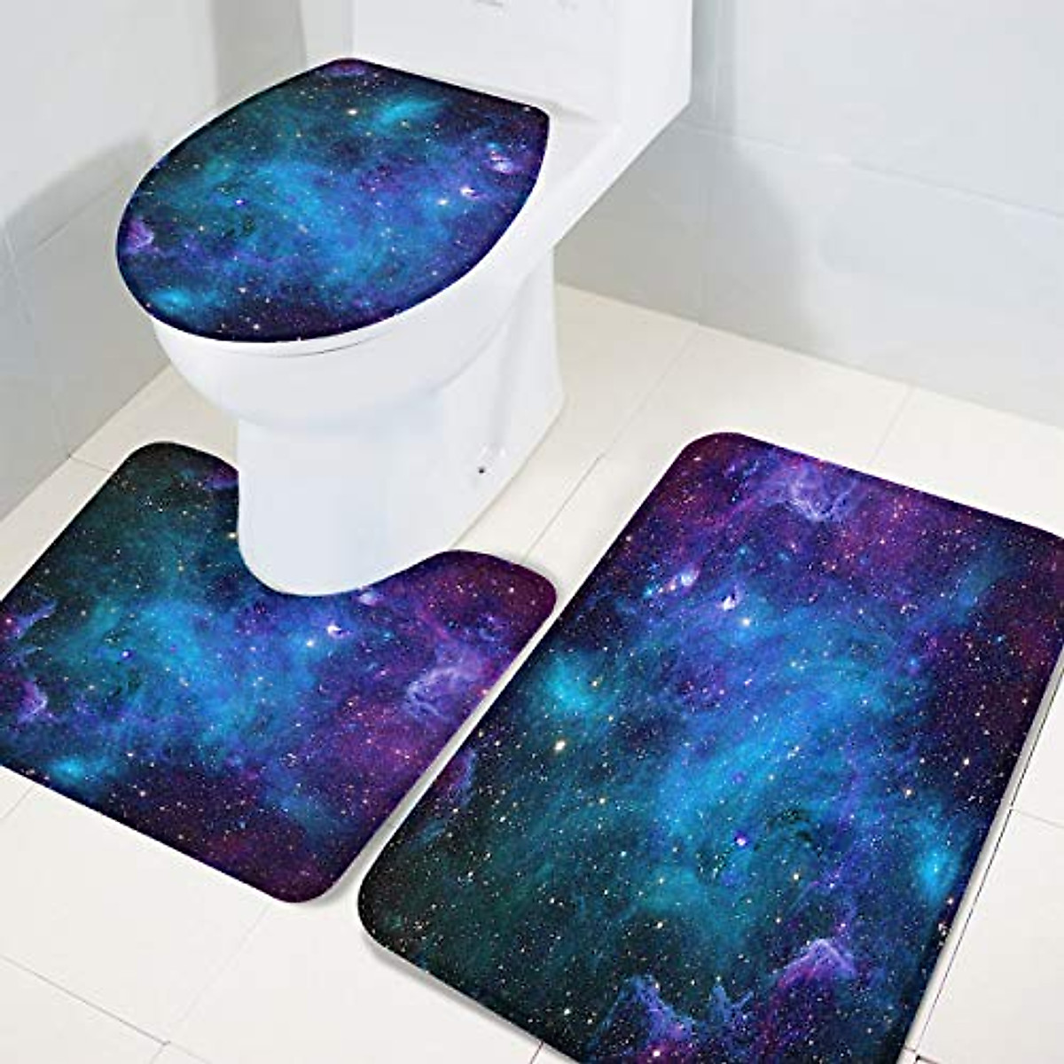 3 Piece Bath Rugs Sets, Colorful Starry Sky Universe Galaxy Non Slip Bathroom Carpet, Water Absorbent U-Shaped Toilet Mat, Toilet Lid Cover