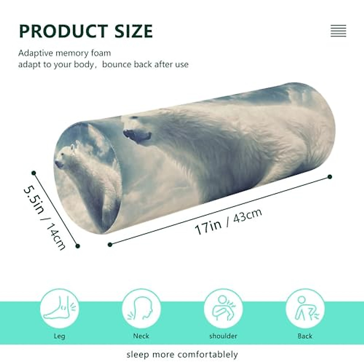 xigua Cute Bear Neck Roll Pillow for Neck Relief with Removable Washable Cover - Memory Foam Round Cylinder Bolster, Ergonomically Designed for Head, Neck, Back, and Legs