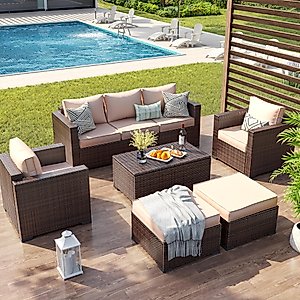 UDPATIO 6 Piece Patio Furniture 7 Seats Wicker Outdoor Sectional, Thick Cushions Patio Couch Chair with Ottoman & Storage Table for Porch, Balcony