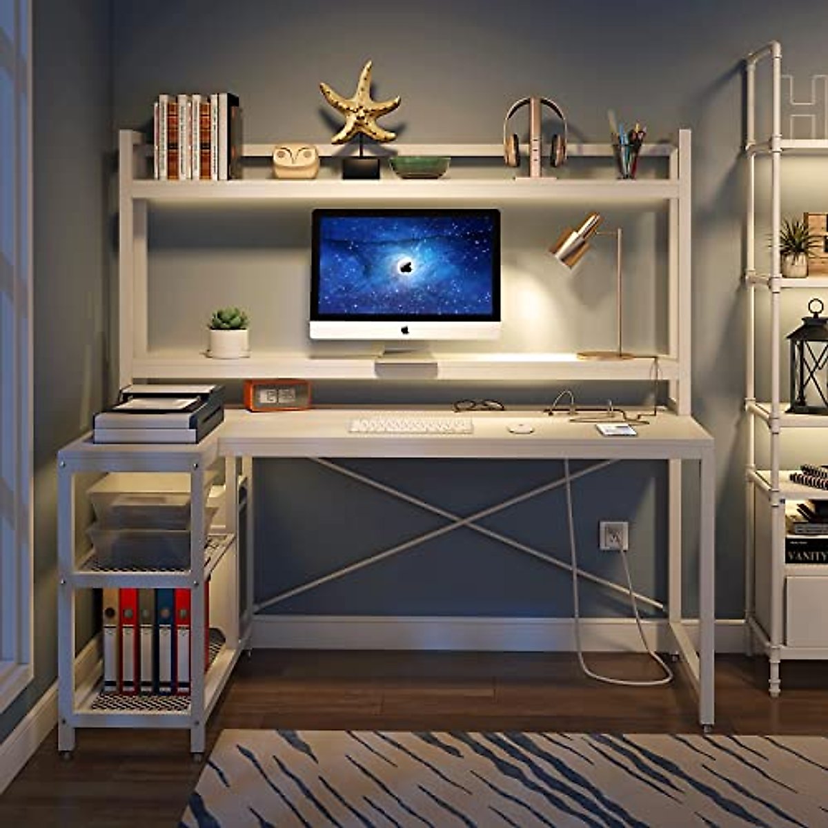 TIYASE Computer Desk with Hutch and Storage Shelves, 51 inch L-Shaped Corner Computer Desk with Power Outlet & Monitor Stand, Large Home Office Study Writing Table with USB Port & Tower Shelf, White