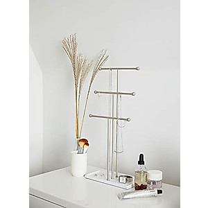 Umbra Trigem Hanging Jewelry Organizer Tiered Tabletop Free Standing Necklace Holder Display, 3, White/Nickel