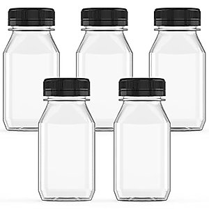 Hulless 5 Pcs 8 Ounce Plastic Juice Bottle Drink Containers Juicing Bottles with Black Lids, Suitable for Juice, Smoothies, Milk and Homemade Beverages, 250 mL
