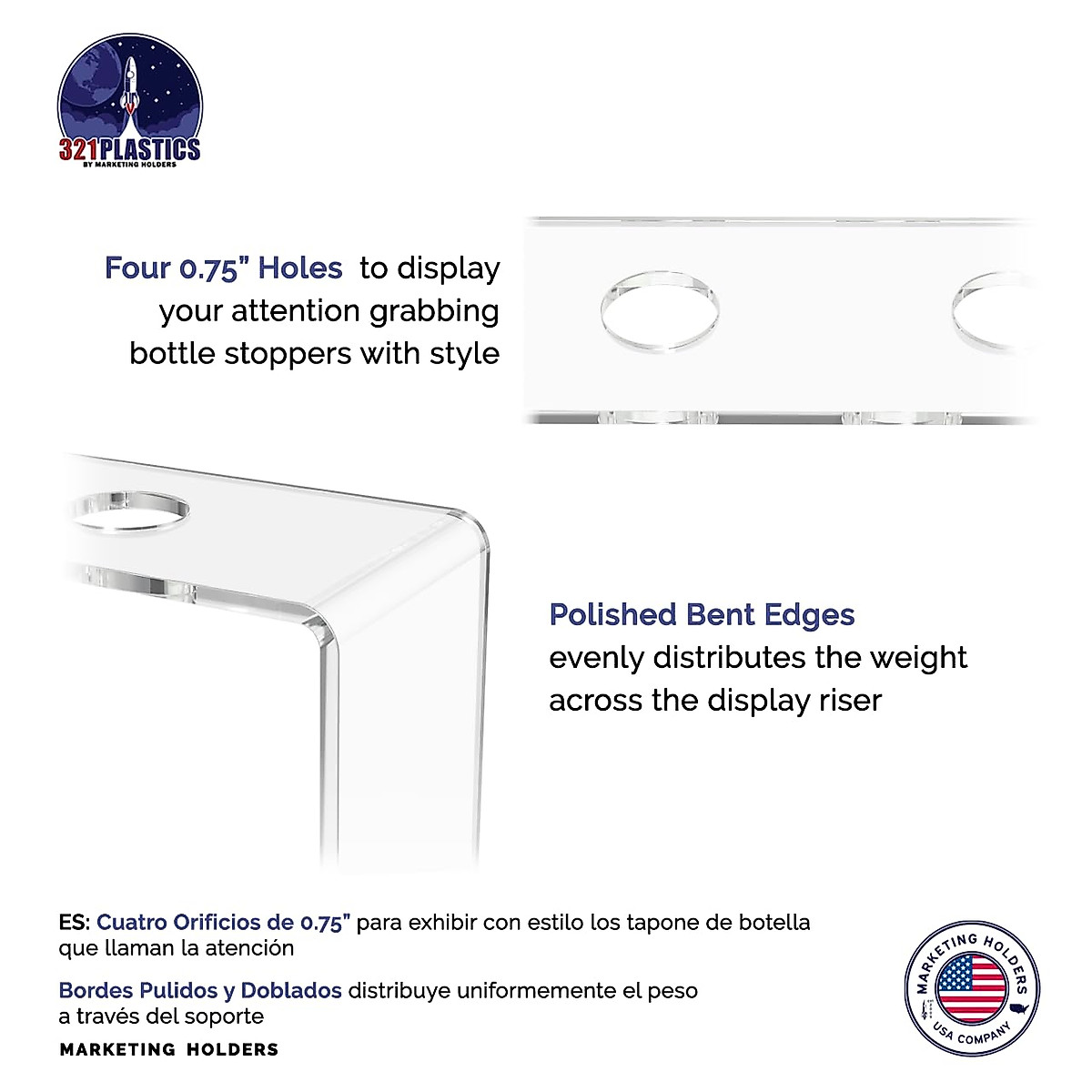 Marketing Holders Wine Bottle Topper Display Stand 4 Slot Rack .75 Inch Wide Holes Stand Premium Clear Acrylic 9.75 Inch Wide by 2 Inch Deep Showcase Your Collection