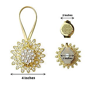 Tableclothsfactory 2 Pack | 4" Gold Crystal Flower Magnetic Backdrop Curtain Tie Backs, Metallic Window Drapery Panel Buckle Clips