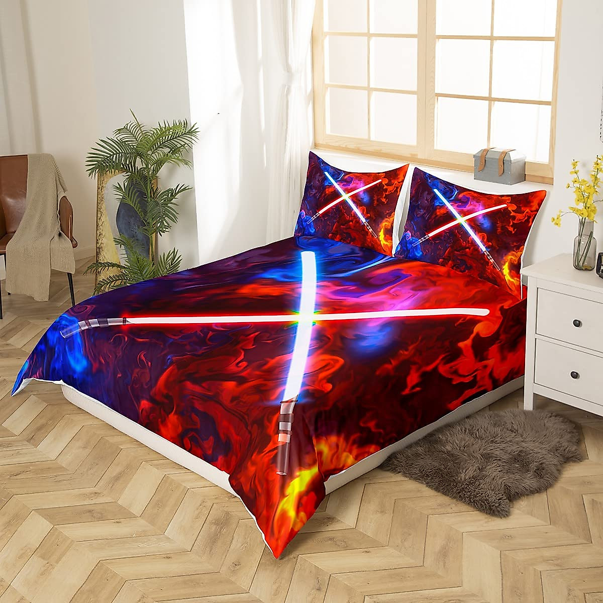 Feelyou Lightsaber Duvet Cover Lightning Red Blue Smokey Galaxy Bedding Set Future Technology Comforter Cover for Boys Girls Children Teens Bedroom Decor Bedspread Cover Queen Size with 2 Pillow Case
