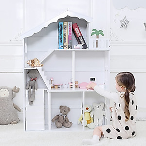 YFDZONE Dollhouse Bookshelf, Wooden Kids Bookshelve Children Doll House Toy Storage 3-Tier Bookcase for Books Gift for Girls Ages 3-7+