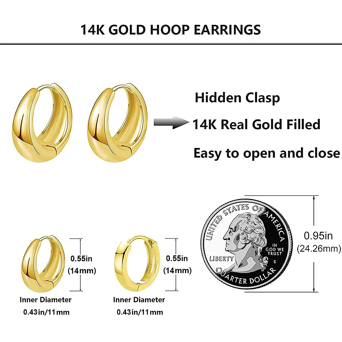 2 Pairs 14k Gold Filled Huggie Hoop Earrings Set Small Gold Hoop Earrings Hypoallergenic Dainty Tiny Cartilage Earrings Minimal Chunky Cuff Earrings For Women (Gold hoop)