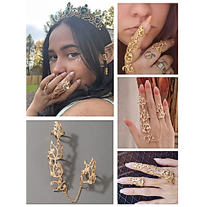 Full Finger Ring for Women Hand Chain Leaf Charm Finger Ring Bracelet with Chain Knuckle Open Long Finger Ring Hand Chains Adjustable Ring Bracelet Hand Chain Jewelry(Gold）