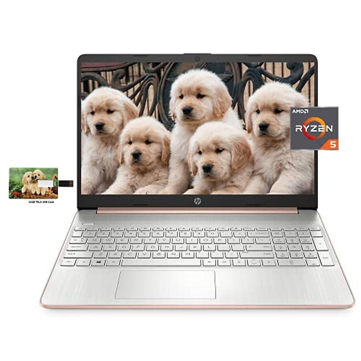 HP 15.6 inch HD Micro-Edge Business Laptop, AMD Ryzen 5 3500U, Windows 10 Pro, 12GB RAM, 256GB SSD, Wi-Fi, Bluetooth, Webcam, HDMI, SD Reader, | 32GB Tela USB Card, Rose Gold