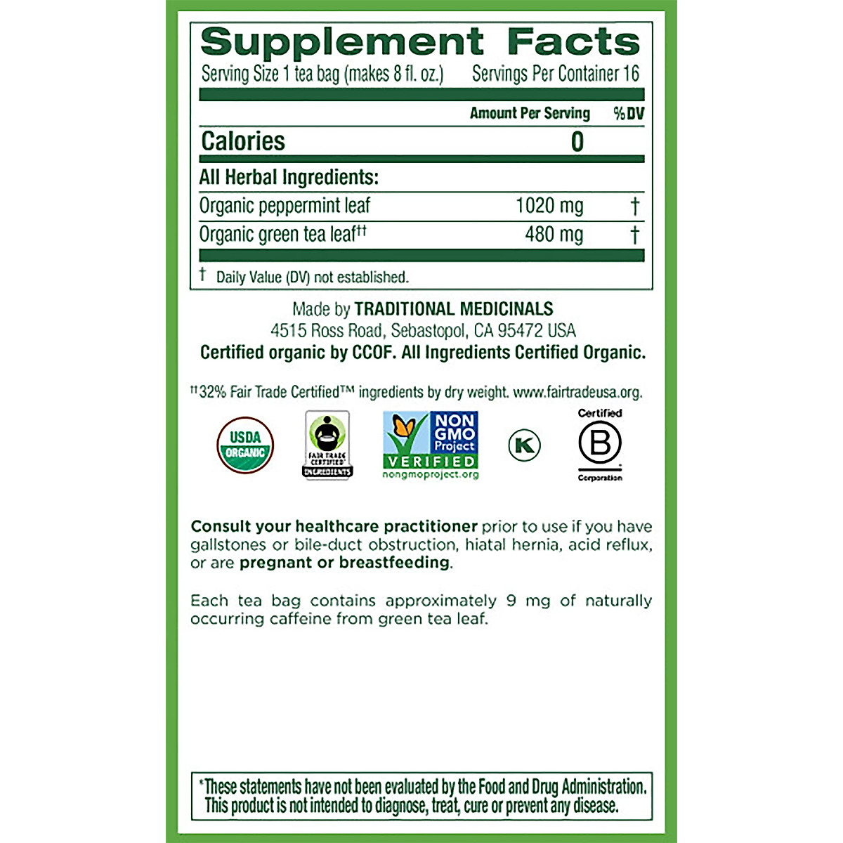 Traditional Medicinals Organic Green Tea Peppermint Herbal Tea, Alleviates Digestive Discomfort, (Pack of 3) - 48 Tea Bags Total