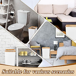 Suclain 2 Pcs Slim Trash Can 2.3 Gal, Small Wastebasket with Semi Open Bamboo Lid Plastic Waste Basket Rectangular Garbage Container Bin Trashcan for Bathroom Bedroom Kitchen Office Living Room Home