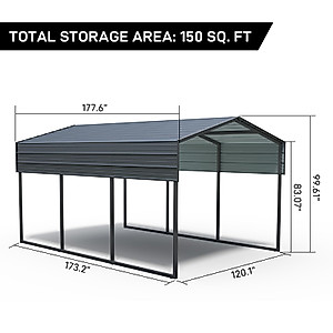 10x15 Ft Metal Carport, Heavy Duty Car Port with Galvanized Steel Roof, Outdoor Car Garage, Large Carport Canopy, Steel Car Shelter for Car, Boats and Truck, Charcoal Black