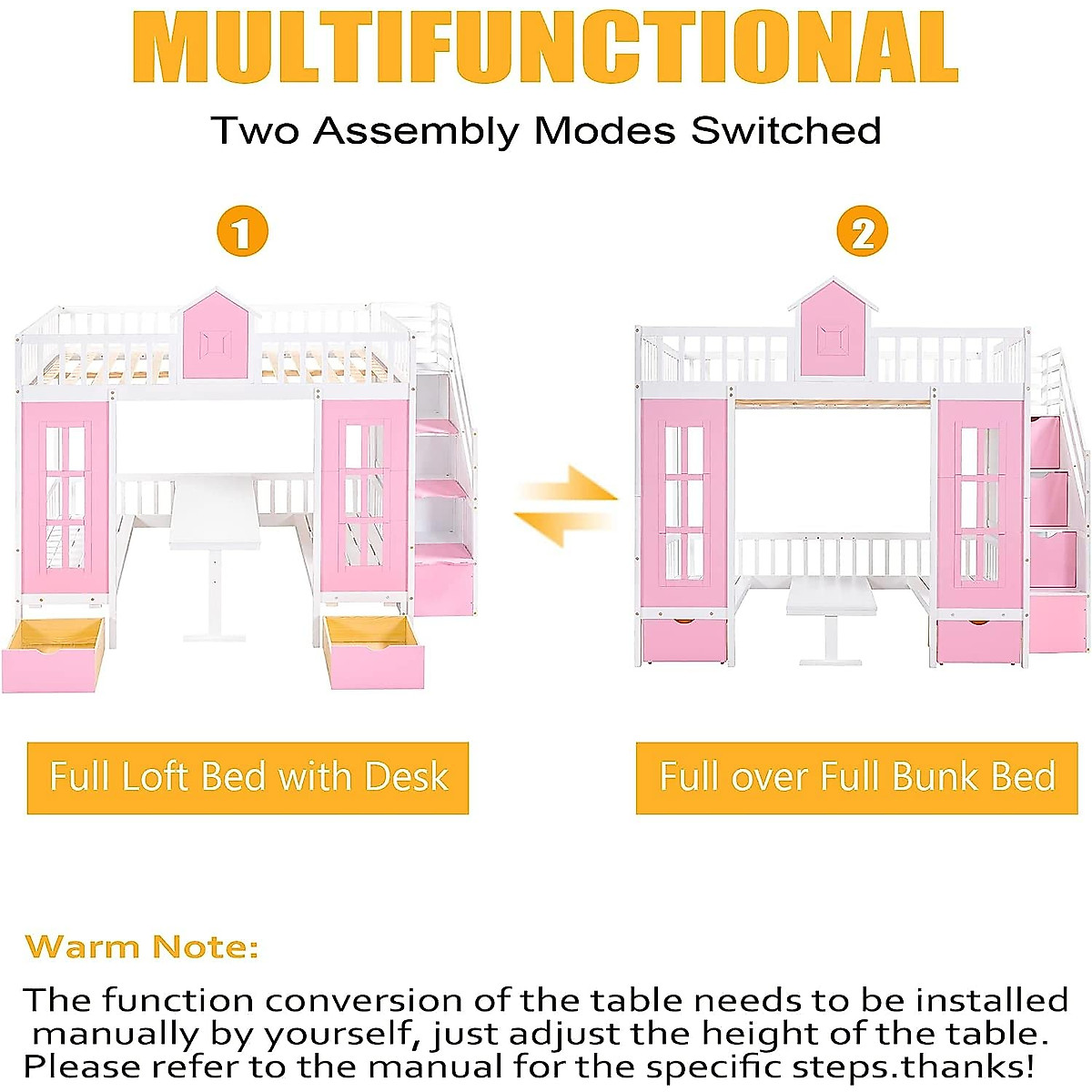MERITLINE Full Loft Beds with Stairs and Desk, Wooden Castle Shaped Full Over Full Bunk Bed with Changeable Desk,Storage Bunk Bed with Drawers for Kids Girls Boys Teens, Pink