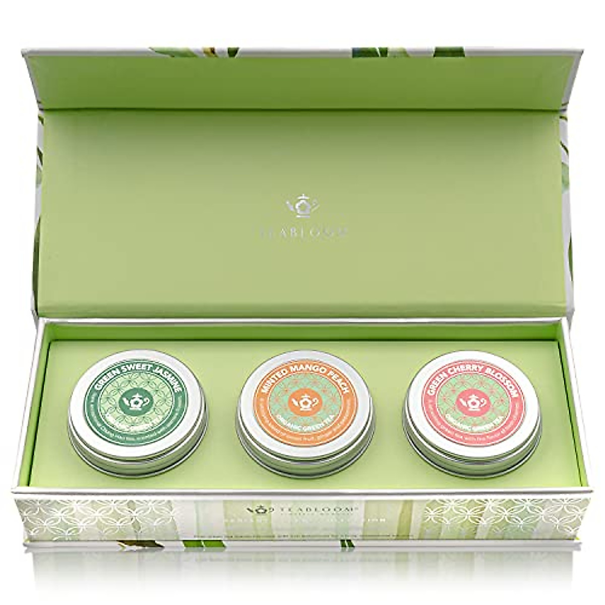Teabloom USDA Certified Organic Loose Leaf Green Tea Trio Box -Green Sweet Jasmine, Minted Mango Peach, and Green Cherry Blossom - Radiant Greens Collection