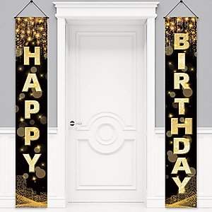Happy Birthday Decorations Banner for Men Women Boys Girls, Black Gold Birthday Porch Sign Birthday Party Supplies Background for Birthday Party Favor Door Decorations, 72 x 12 Inch