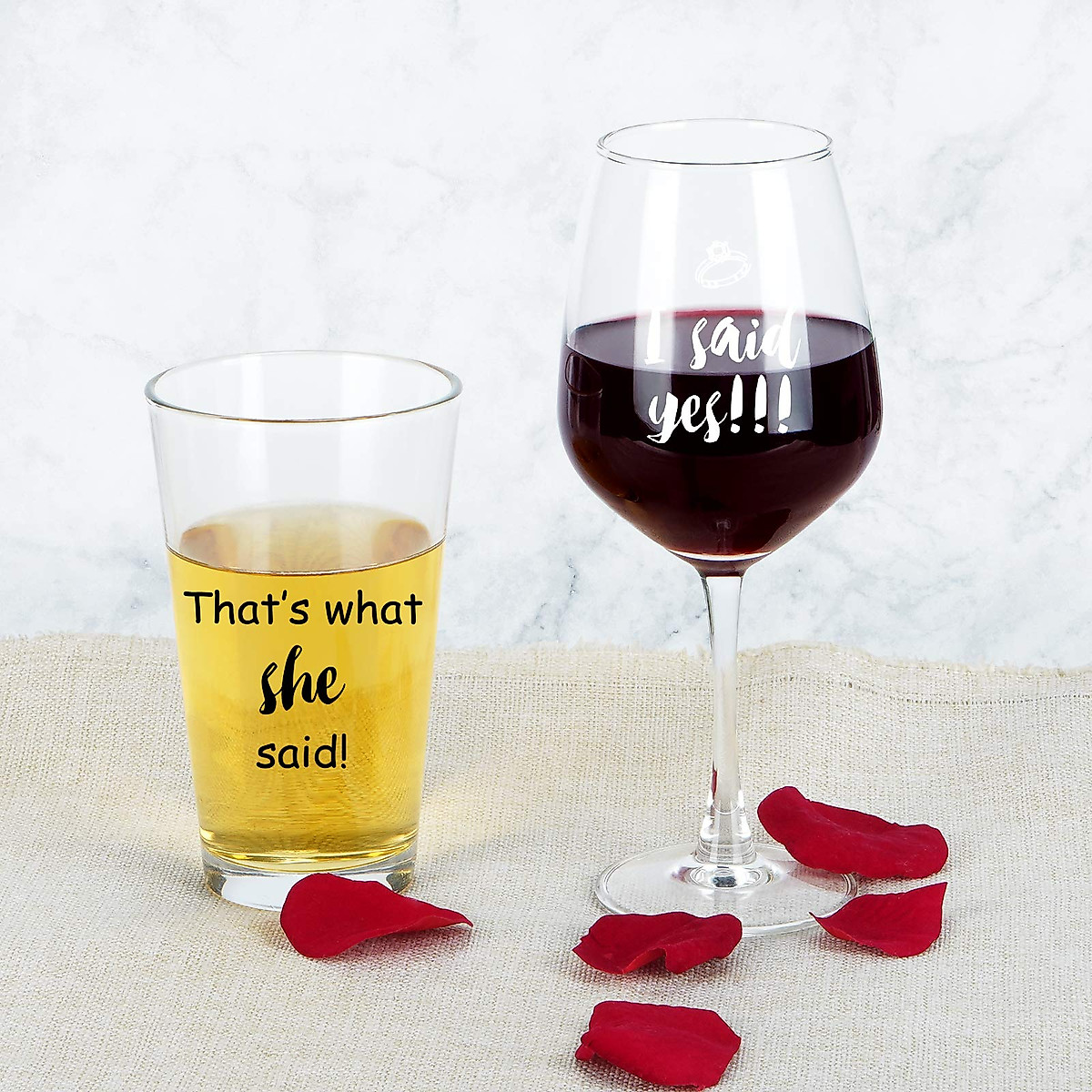 Futtumy I Said Yes, That's What She Said Wine Glass and Beer Glass Set for Him Her Couples Newlyweds, Novelty Wine Gift for Engagement Proposal Valentine's Day Wedding Bridal Shower, 15Oz (Set of 2)