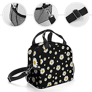 VIGKOIR Daisy Lunch Bag Durable Black Gift Lunch Box Large Cooler Container for Women Office Work Travel Picnic