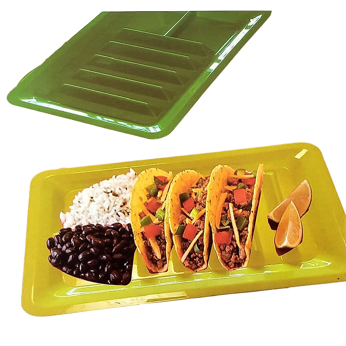 Set of Three Taco Holder Stand Up Divider Plates Multi Colored Party Taco Night Food Safe BPA Free Plastic Plate Set for Soft and Hard Shell Tacos