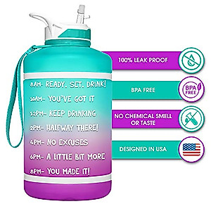 NatureWorks HydroMATE 64 oz Water Bottle with Time Markers BPA Free Reusable Leak Proof Jug with Straw and Handle 64 oz (Turquoise Purple)