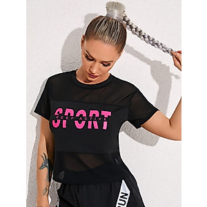 MakeMeChic Women's Workout Athletic Shirts Letter Graphic Mesh Insert Short Sleeve Crew Neck Stretch Sports Crop Tops Black M