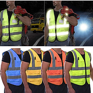 YOWESHOP High Visibility Safety Vest Custom Your Logo Protective Workwear 5 Pockets With Reflective Strips Outdoor Work Vest (Neon Yellow XL)