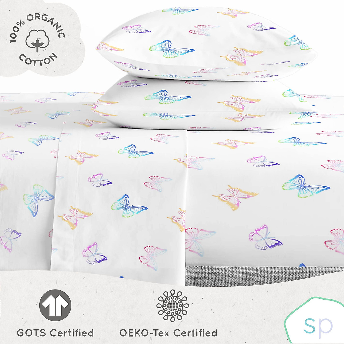 Saturday Park Ombre Butterflies Queen Bed Set - 7 Piece 100% Organic Cotton Bedding - GOTS & Oeko-TEX Certified