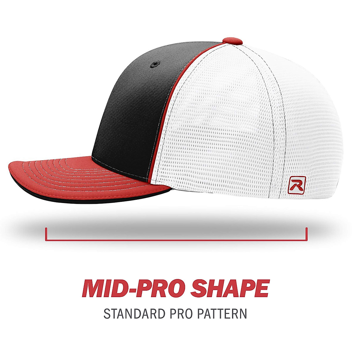 Richardson Unisex 172 Trucker Pulse Sportmesh R-Flex Baseball Cap, Tri Black/White/Red SM-MD, Small/Medium