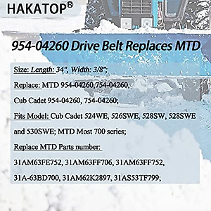 265-472 954-04260 3/8" X34" Drive Belt Replaces MTD 754-04260 Cub Cadet Troy Bilt mtd-490-501-m005 524SWE 21" Walk-Behind Mowers Snow Throwers