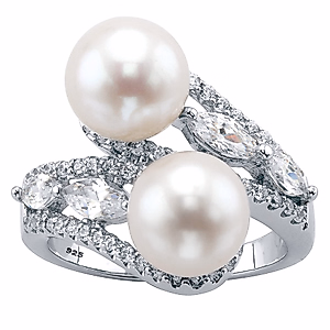 PalmBeach Jewelry Gold-Plated or Sterling Silver Round Genuine Cultured Freshwater Pearl with Marquise Cubic Zirconia Bypass Ring Size 9