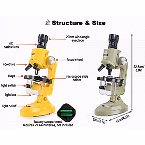 Ninyoon Large Eyepiece Microscope for Kids - Best Gift Kid Microscope Kit for Boy and Girl, 400X 1000X 1200X Educational Toy with 0.8inch Wide Angle Eyepiece Easier to Focus Observe (Yellow)