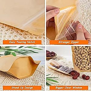 100 PCS Stand Up Pouches, 4.7 x 7.8 inch Kraft Paper Food Bags with Clear Window, Reusable Ziplock Food Storage Bags Resealable Pouches for Foods, Coffee Beans, Snacks
