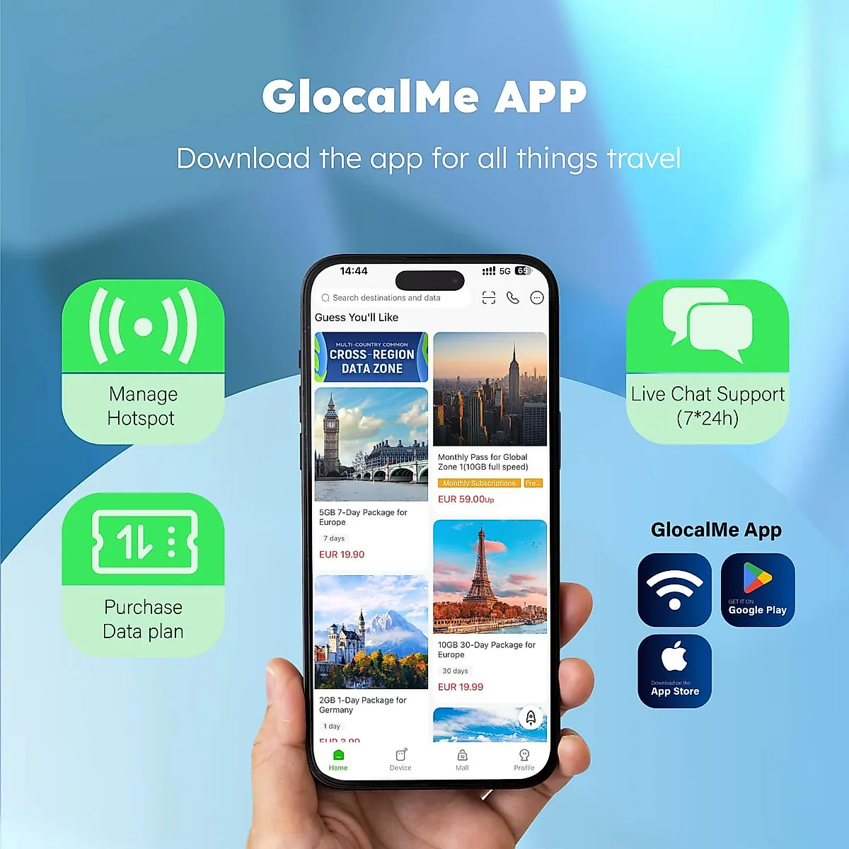 GlocalMe UPP 4G LTE Portable WiFi Hotspot Device for Travel, Pocket WiFi Mobile Hotspot Device with Global 1GB Data, Available in Over 200 Countries, No Contract Or SIM Card Required (Blue)