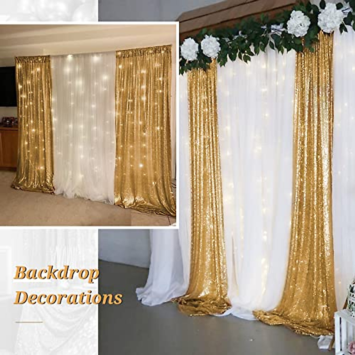 Sequin Backdrop Curtain 4 Panels 2ft x 8ft Wedding Ceremony Background Backdrop Glitter Shimmer Fabric Backdrop Drapes for Photography Props Wedding Arch Bridal Shower Home Decoration (Gold)