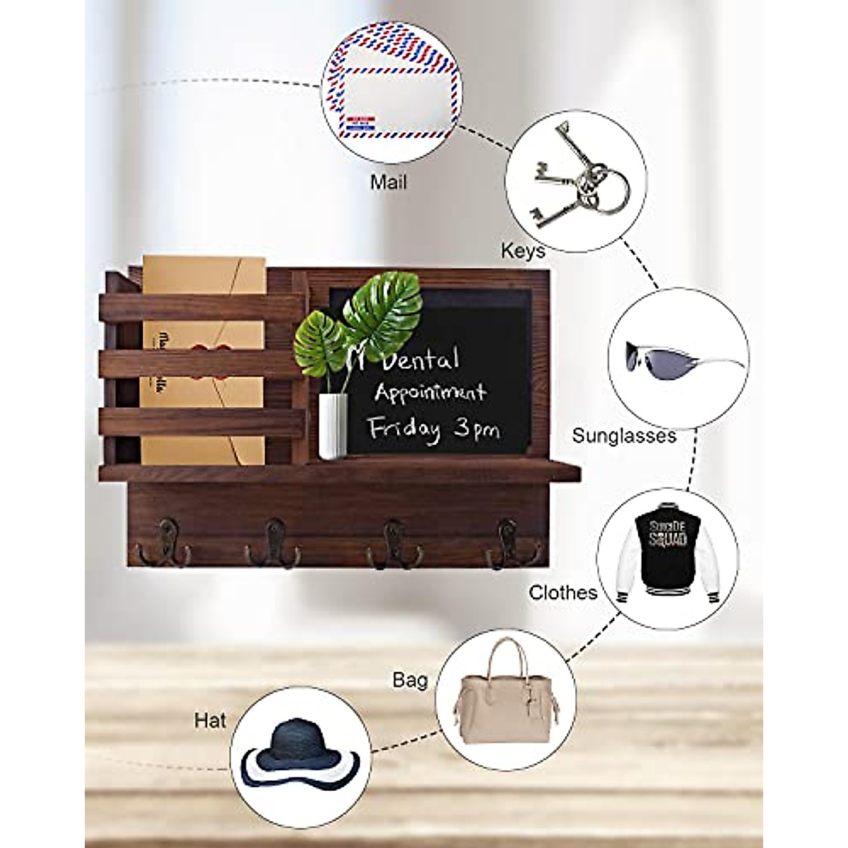 Megadream Key Holder for Wall, Front Door Organizer Wooden Mail Letter Holder Box, Key Ring Holder for Wall with Chalkboard, 4 Double Key|Coat|Bag Hooks