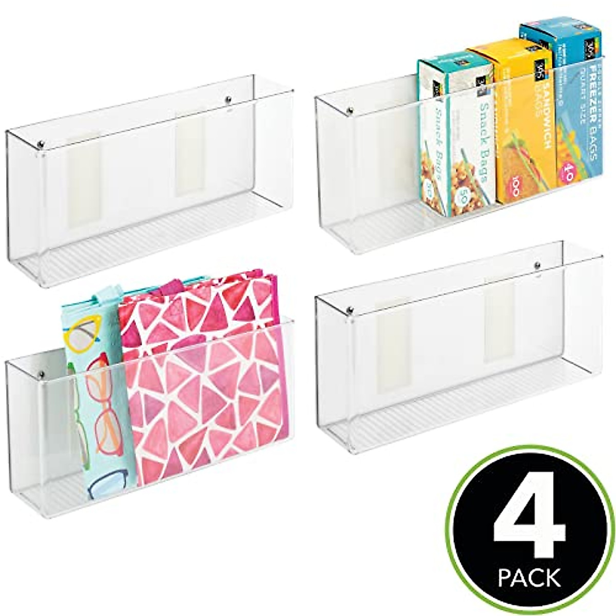 mDesign Plastic Adhesive Mount Storage Organizer Container for Kitchen or Pantry Wall Organization - Space Saving Holder for Sandwich Bags, Foil - 16" Wide - Ligne Collection - 4 Pack - Clear