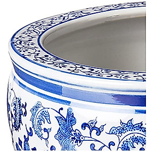 Oriental Furniture 12" Floral Blue & White Porcelain Fishbowl