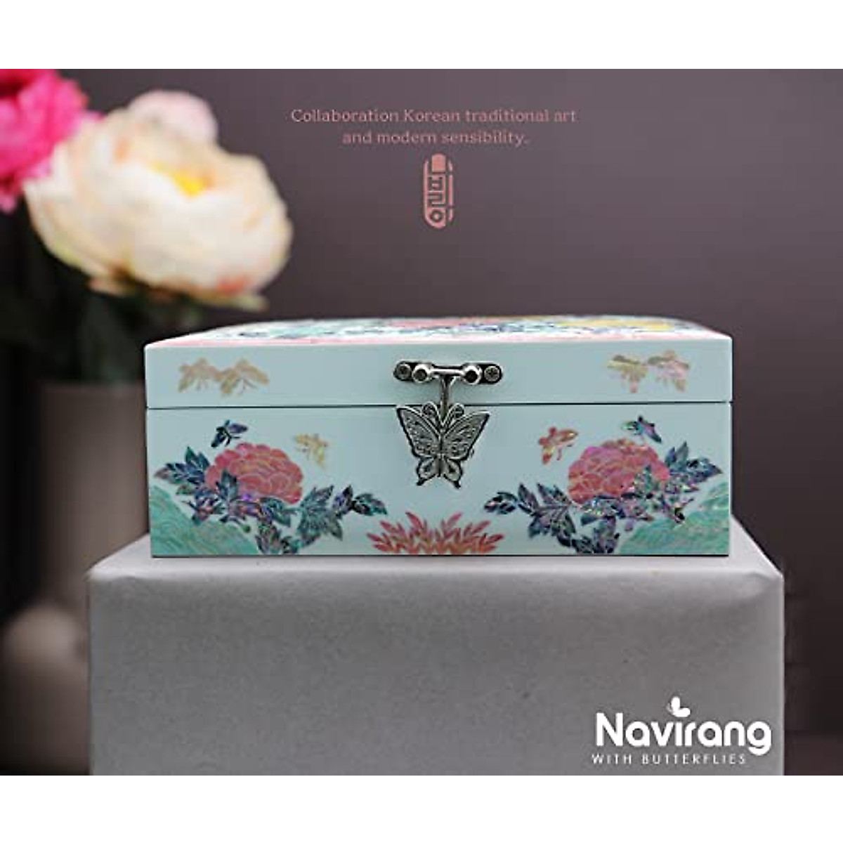 SoSHESHINES Mother of Pearl Small Jewelry Box - Premium Packaging for Gifts for Women, Thank you Gifts, Mom birthday Gifts, Korean Traditional Sea Shell Premium Handmade (Peony_WHITE)