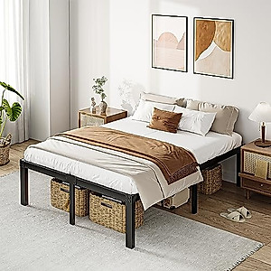 LIJQCI 14 inch Queen Bed Frame Metal Platform Frame no Box Spring Needed Black Heavy Duty Sturdy Steel Easy Assembly with Storage Sturdy Steel Slats Support 3500lbs