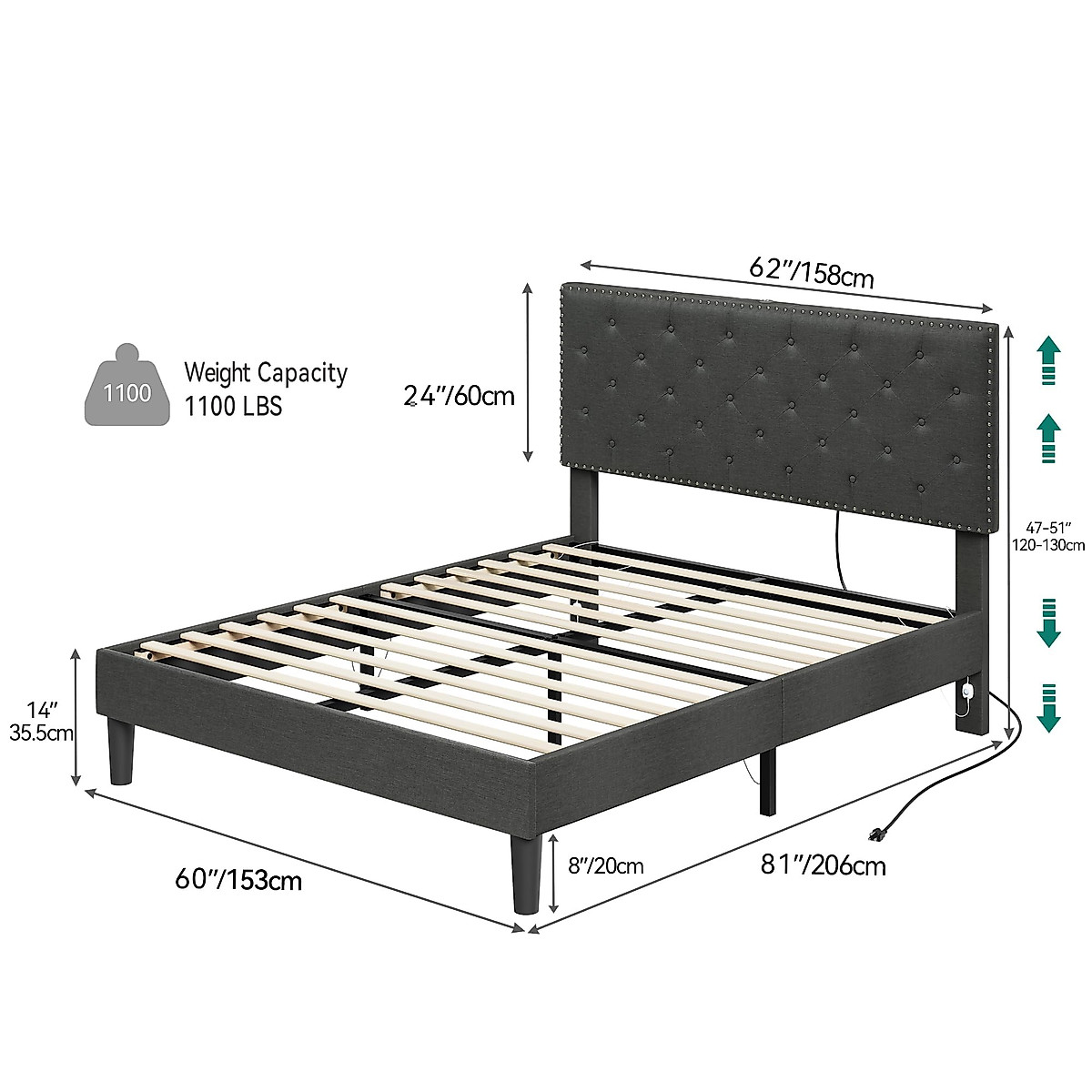 YITAHOME Queen Size Bed Frame, LED Bed Frame with Upholstered Adjustable Diamond Headboard, Platform Bed with USB Ports & Motion Sensor Light, Easy Assembly, No Box Spring Needed, Gray
