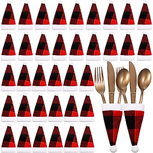 Sawysine 36 Pcs Christmas Santa Hats Silverware Holders Plaid Xmas Dinnerware Decorations Table Supplies Flatware Organizers Decor for Cutlery Party Dinner
