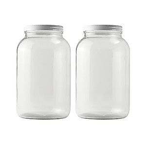 FastRack - Pack of 2 One Gallon Wide Mouth Jars with White METAL Airtight Lids, 2 Glass Jars with 2 Fermentation Lids, Ideal Glass Jars with Lid for brewing, fermentation and pickling