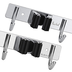 Favbal Broom Hanger Wall Mounted, 2PCS Mop and Broom Holder Wall Mount Garage Organization and Storage Stainless Steel Kitchen Tool Organizer Wall Hanger for Laundry Room Garden Garage Closet Kitchen