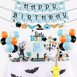Blue Halloween Baby Shower Decorations, Boys Halloween Happy Birthday Banner Ghost Little Boo Cake Topper & Balloons for Halloween Theme Baby Shower The Spooky One Happy Boo Day Party Supplies